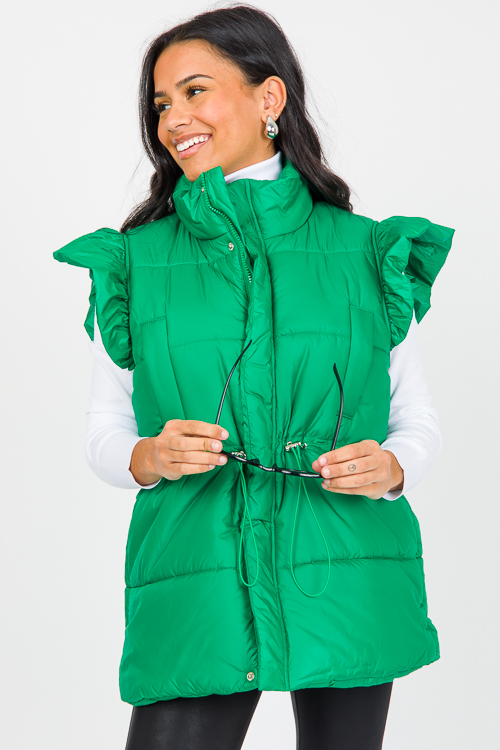 Drawstring Puffer Vest, Green - SALE - The Blue Door Boutique