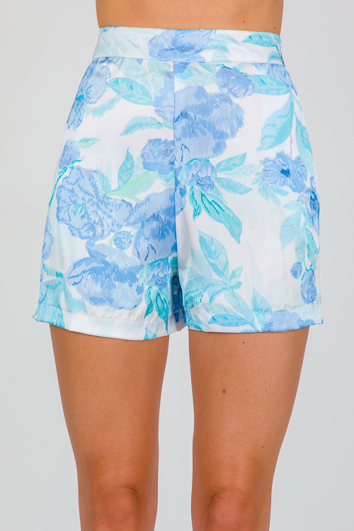 Silky Blue Floral Shorts - New Arrivals - The Blue Door Boutique