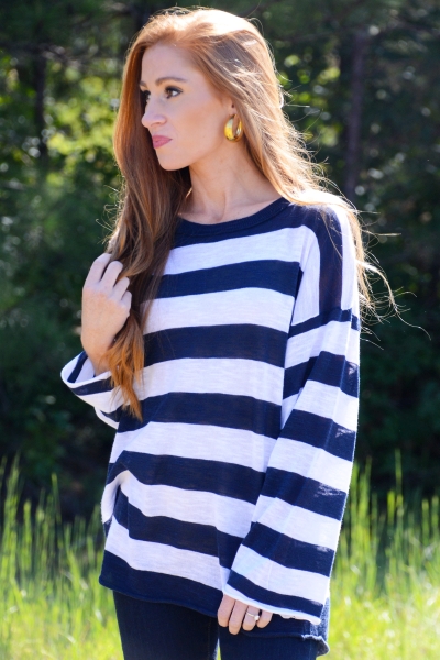 Easy Stripe Top, Navy - 3/4 & Long Sleeve - Tops - The Blue Door Boutique