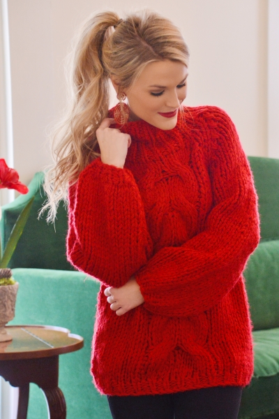 Chunky Cable Sweater, Red - 3/4 & Long Sleeve - Tops - The Blue Door ...