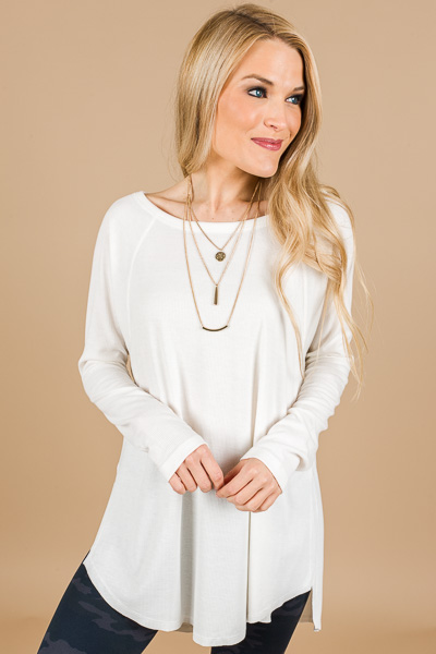 Side Slit Ribbed Tunic, Ivory - Athleisure - The Blue Door Boutique