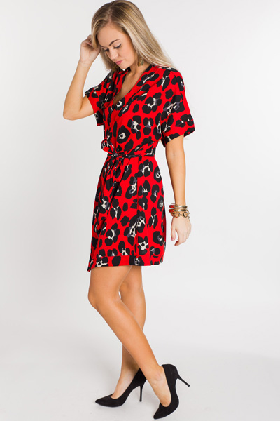 Belted Red Leopard Dress - Dresses w/ Sleeves - Dresses - The Blue Door ...