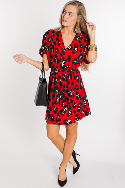 Belted Red Leopard Dress - Dresses w/ Sleeves - Dresses - The Blue Door ...