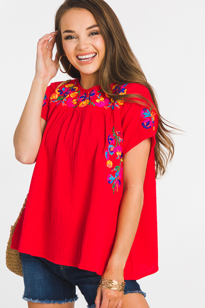 Neon Embroidery Top, Red - Short Sleeve & Sleeveless - Tops - The Blue ...
