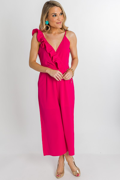 Ruffle Shoulder Jumpsuit, Pink - Sale - The Blue Door Boutique