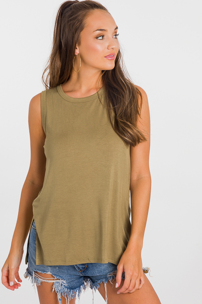 Side Slit Tank, Olive - Comfy - The Blue Door Boutique