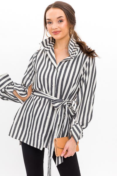 Belted Stripe Tunic, Black - Sale - The Blue Door Boutique