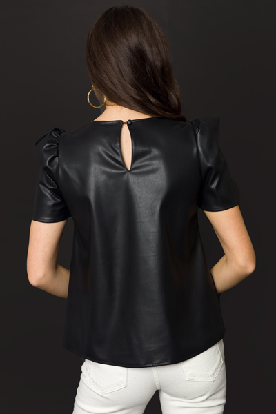 Leather Puff Sleeve Top, Black - SALE - The Blue Door Boutique