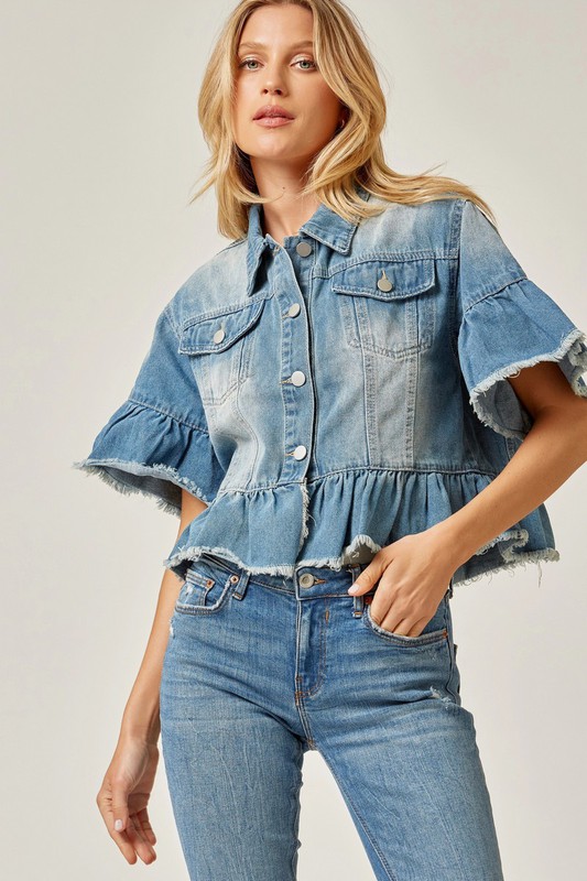 Ruffle Denim Short Sleeve Jacket - New Arrivals - The Blue Door Boutique