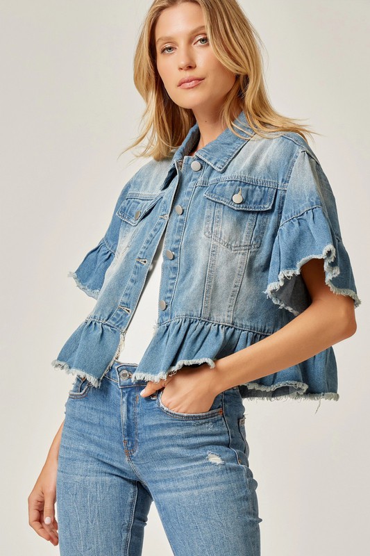 Ruffle Denim Short Sleeve Jacket - New Arrivals - The Blue Door Boutique